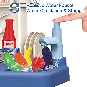 deAO Kitchen Playset Toy with Sounds and Lights, Role Playing Game Pretend Food and Cooking Playset for Kids,35 PCS Kitchen Accessories Set for 3 4 5 Years Old Girls Boys (Blue)