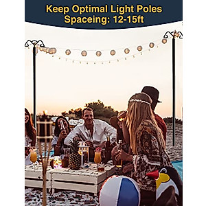 Karjoefar String Light Poles for Outside, 9FT Metal Poles for Outdoor String Lights, Patio Light Pole with 7-Prong and 2 Hooks for Backyard Garden Bistro Deck Party Holiday - 2Pack