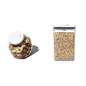 OXO Good Grips 3.0 Qt POP Medium Cookie Jar - Airtight Food Storage - for Snacks and More & Good Grips POP Container – Airtight 4.4 Qt for Flour and More Food Storage, Square, Clear