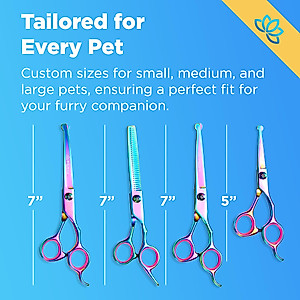 Equinox Dog Grooming Scissors & Deshedder - 7 in 1 Pet Grooming Scissors Set with undercoat brush - Curved Dog Scissors with safety tips - Includes Thinning & Rounded Shears - For dogs & cats
