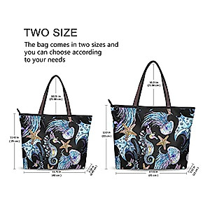 Tote Bag Art Jellyfish Starfish Seahorse Print, Large Capacity Zipper Women Grocery Bags Purse for Daily Life 2 Sizes