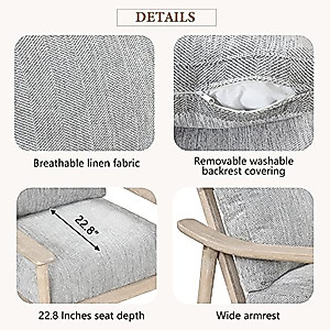 FIQHOME Mid Century Modern Solid Wood Frame,Arm Vertical Slatted Back,Thick Pad Upholstered Accent Chair for Living Room, Bedroom, Belcony,Natural