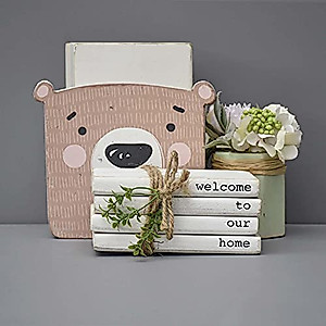 Parisloft Welcome to Our Home Decorative Faux Book Stack Decor, Small Home Decor Tied with Twine and Greenery, Farmhouse Sign for Tray, Coffee Table, Shelf, or Mantel,White