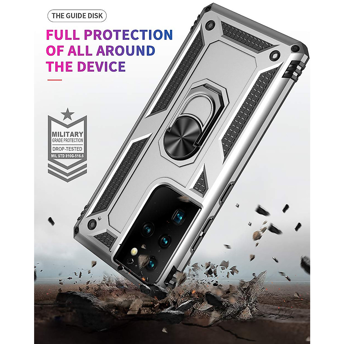 Military Grade Drop Impact for Samsung Galaxy S21 Ultra Case Galaxy S21 Ultra 5G Case Metal Rotating Ring Kickstand Holder Armor Heavy Duty Shockproof Case Galaxy S21 Ultra Phone Case (Silver)