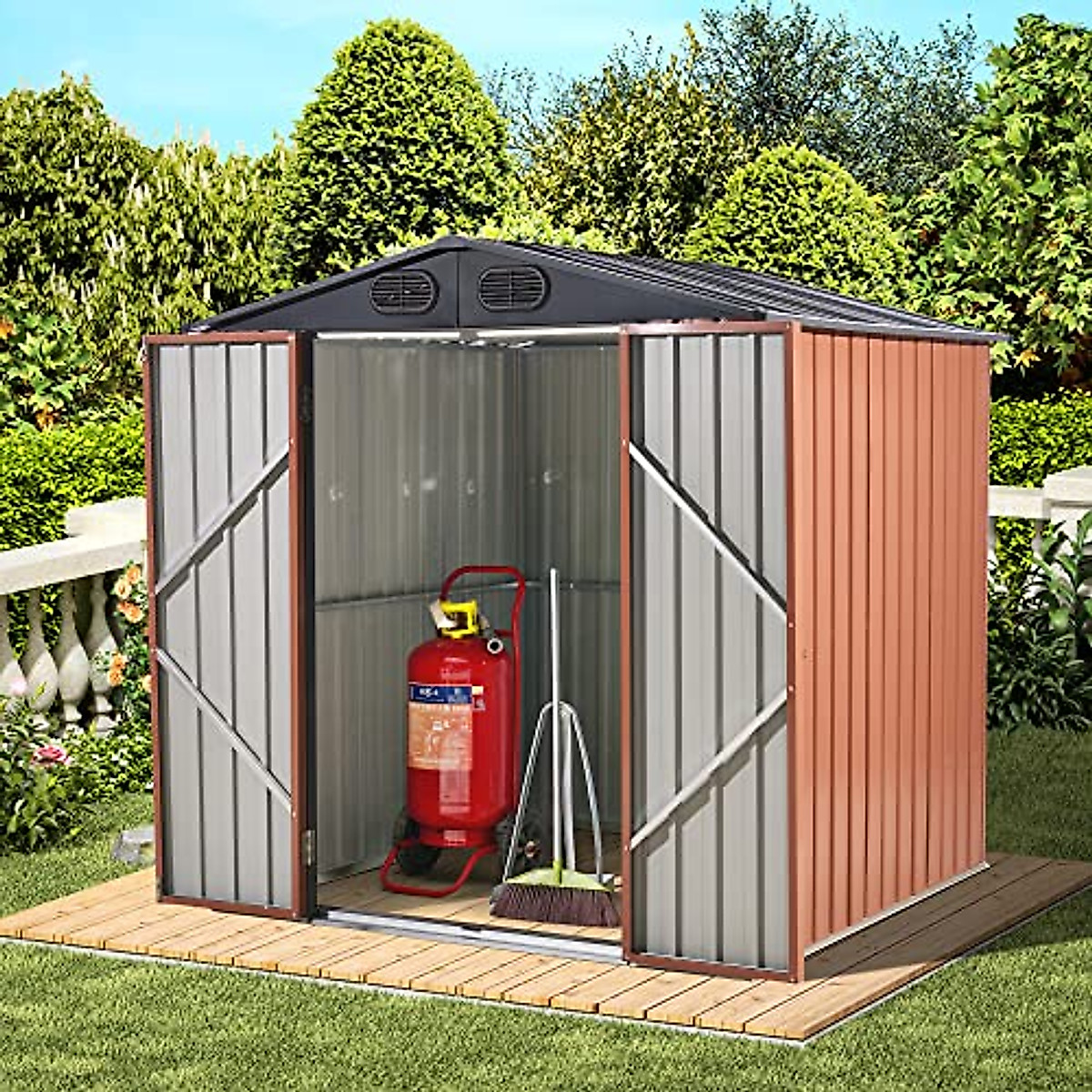 JAORD 8 x 6 FT Storage Shed, Outdoor Galvanized Steel Shed, Outside Garden Tool Storage House with Lockable Door for Patio, Backyard, Lawn Mower, Dark Brown…