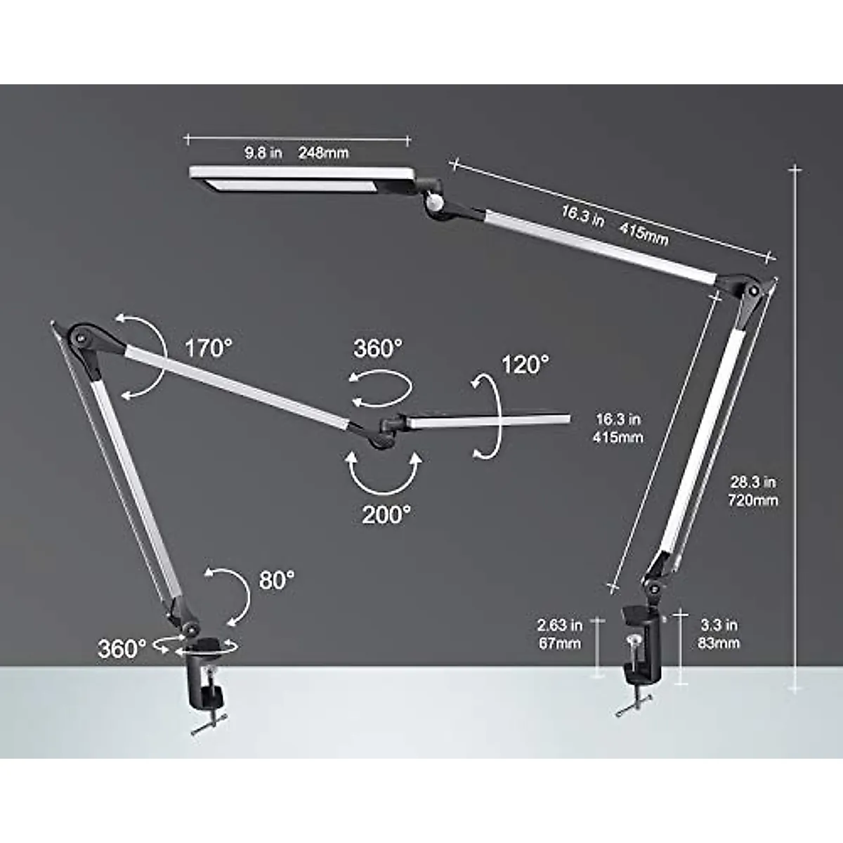 PHIVE LK-1 Metal Architect Swing Arm LED Desk Lamp / Table Lamp with Clamp (Eye-Care Technology, Dimmable, 6-Level Dimmer / 4 Lighting Modes with Touch Control, Memory Function) Task Light