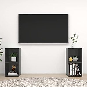 Queen.Y TV Cabinet Set of 2, Wooden Floor Storage Unit, Display Table with 4 Compartments, for Books, Magazines, DVDs, Media Box, High Gloss Grey