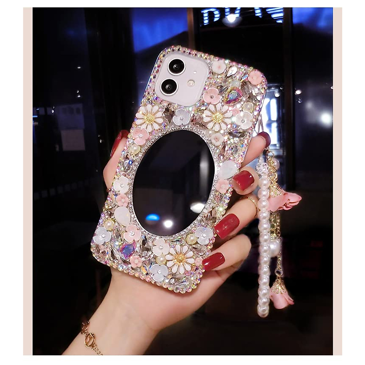 redecarie for Galaxy Note 10 Plus Bling Diamond Rhinestone Mirror Case,Women Girls Cute 3D Glitter Shiny Sparkle Protective Floral Phone Case with Lanyard for Samsung Galaxy Note 10 Plus