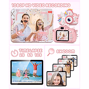 Kids Camera -Kids Camera for Girls,Christmas Birthday Gifts for Girls Portable Toy for 3 4 5 6 7 8 9 Year Old Girl Selfie 1080P HD Video Camera with 32GB Card -Pink