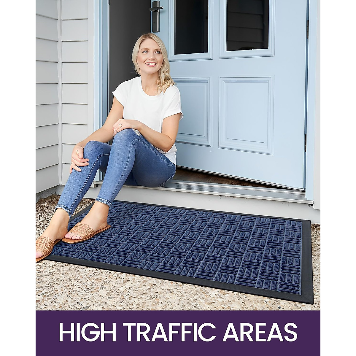 DEXI Front Door Mat Outside Entrance, All-Season Heavy Duty Rubber Indoor Outdoor Doormat, Fade Resistant, Low-Profile, Easy Clean Patio Entryway Rug, 23"x35", Maze Blue