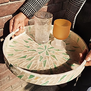 I-lan 12 Inch Round Beige Blue Mother of Pearl Severing Tray with Handle and 2 Inch Side, Lacquer Wooden Shell Decorative Tray, Gorgeous Inlay Nacre Ottoman Tray for Food, Breakfast, Coffee Table, S