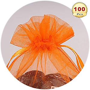 PMLAND 100 Pieces Orange Organza Drawstring Pouches for Candy Jewelry Party Wedding Favor Gift and Present Bags 4 x 6 Inch