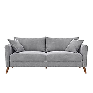 Novogratz Magnolia 3 Seater Sofa with Pillows, Pocket Coil Seating, Light Gray Velvet
