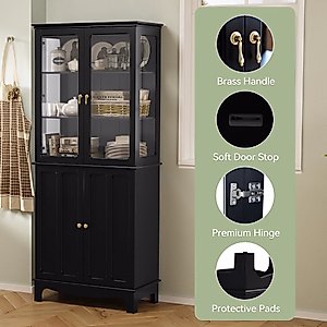 ARTPOWER 72" Freestanding Kitchen Pantry Storage Sideboard, Classical Tall Cabinet with Glass Door and Adjustable Shelves for Kitchen, Livingroom and Dining Room, Black