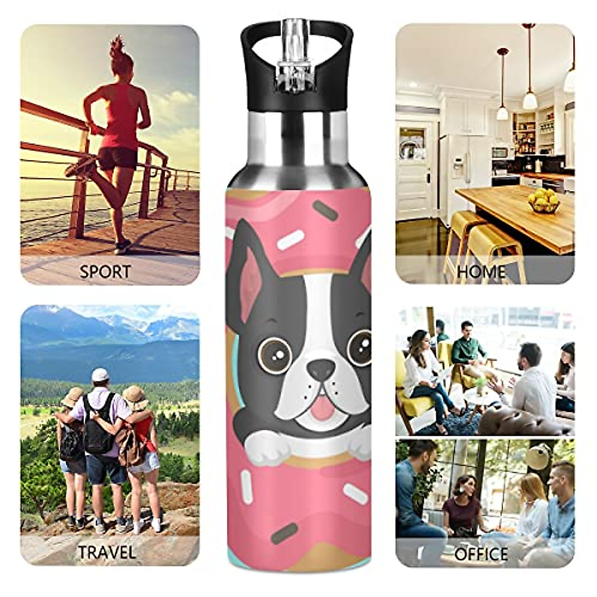 Yasala Water Bottle Dog Donut French Bulldog Coffee Thermos Stainless Steel Insulated Beverage Container 20 oz with Straw Lid BPA-Free for Sport, Travel, Camping, Back to School