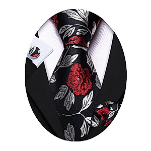 Barry.Wang Men's Classic Floral Necktie Set,Black Red,One Size