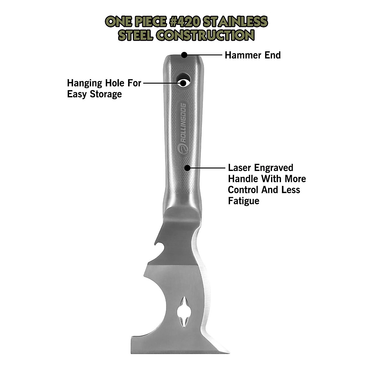 ROLLINGDOG 10 in 1 Painter's Tool - 420 Stainless Steel Mirror Polished One Piece Blade And Laser Engraved Handle,3 inch Multifunction Putty Knife Drywall Paint Scraper