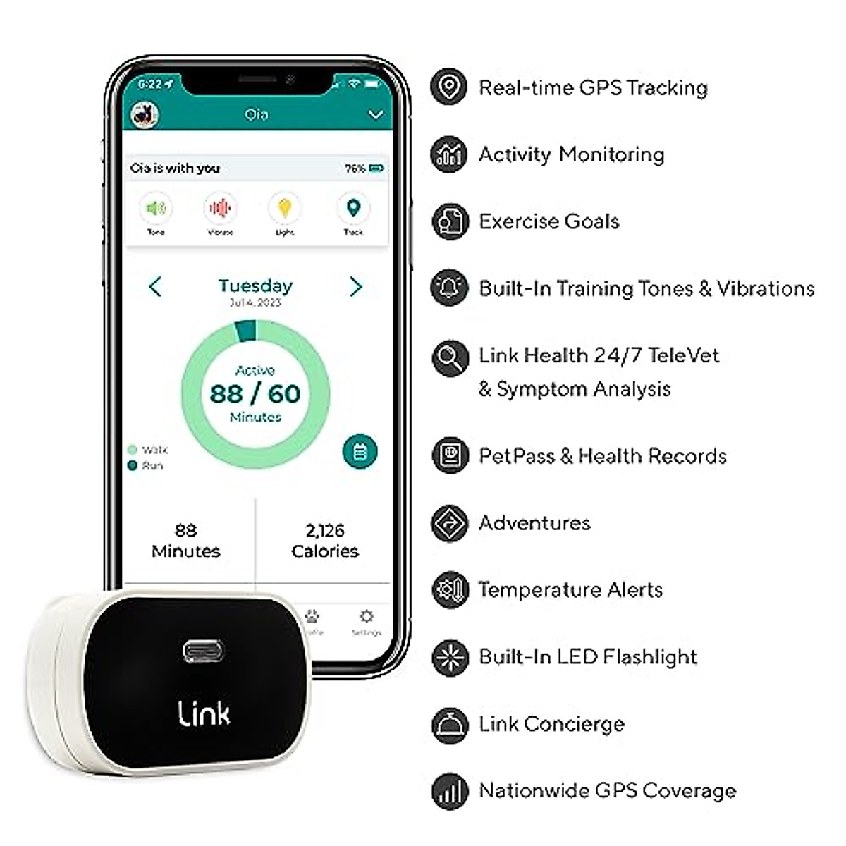 Link GPS Dog Tracker + Activity Monitor | Training Tools, Health Tracker, Waterproof, Flashlight, Lightweight, PetPass & Vet Record Storage, Fits On Most Collars | iPhone & Android Apps