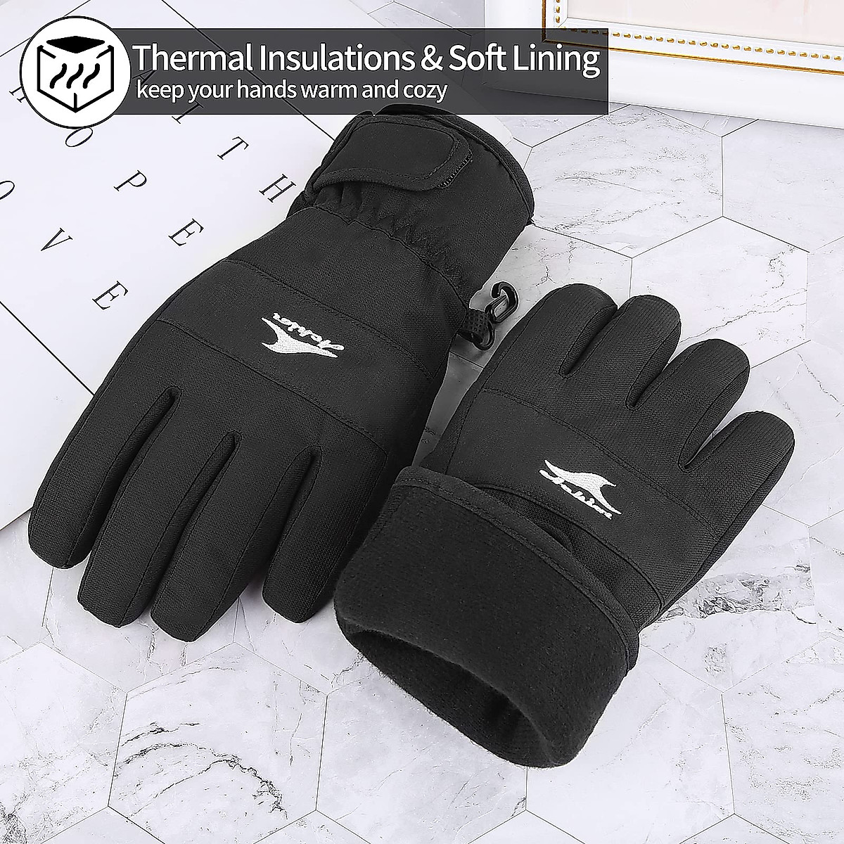 Achiou Kids Ski Gloves, Waterproof Winter Snow Gloves for Kids, Touchscreen Warm Snowboard Gloves for Boys Girls Children Skiing Cycling