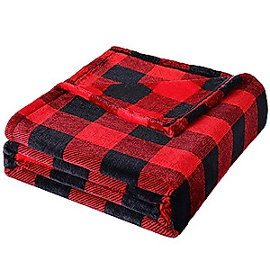 Fomoom Buffalo Plaid Blanket, Buffalo Blanket for Couch Bed Sofa Chair, Soft Cozy Flannel Red Black Check Pattern Decorative Blanket, Lightweight Fuzzy Buffalo Throw Blanket