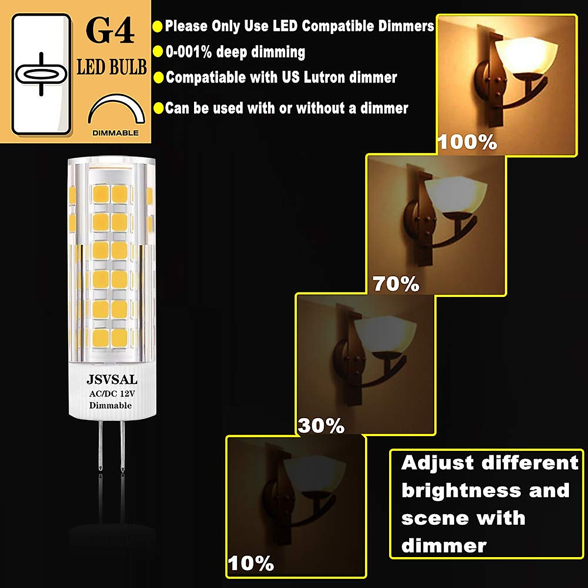JSVSAL (4-Pack G4 LED Bulb Dimmable 7 Watt G4 Bulb Equivalent to 60W 70W G4 Halogen Bulb Replacement, T3 JC Type Bi-Pin G4 Base, DC/AC 12V Natural White-4000K G4 Light Bulb