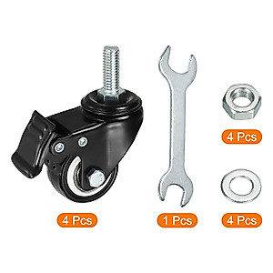uxcell 1.5 Inch Swivel Threaded Stem Casters 3/8"-16UNC Thread PU Caster Wheel with Brake 88lbs Load for Furniture Carts, Black 4pcs