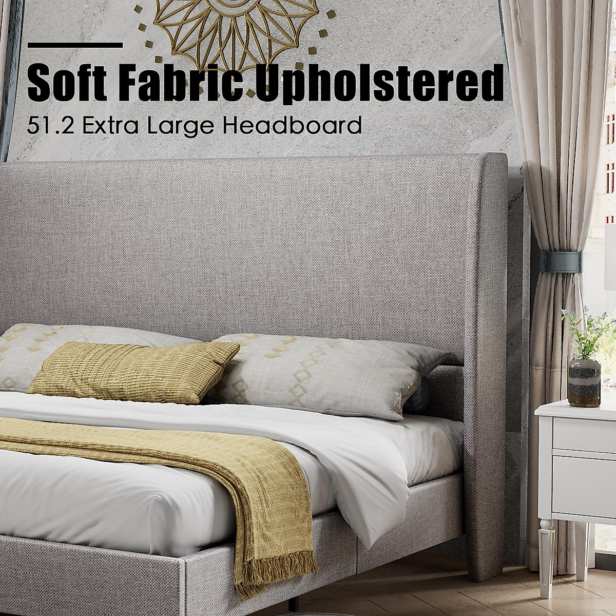 PaPaJet Queen Platform Bed Frame 51.2" High Headboard Linen Tall Upholstered Bed/No Box Spring Required/Wood Slat Support/Easy Assembly Light Grey