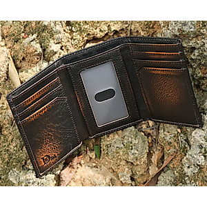 DK86 Deer Trifold Wallets for Men Full Grain Leather with Hand Burnished Tri-Fold Wallet RFID Blocking (Black and Brown)