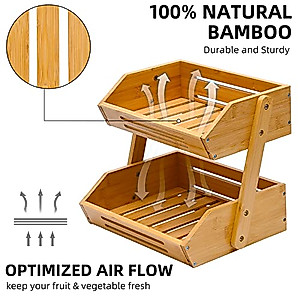Fruit Basket, 2 Tier Bamboo Fruit Basket for Kitchen, 11" Tall Fruit Stand Storage Holder, Heavy Duty/Multipurpose/Large Capacity for Vegetables, Fruit, and Snack, 15 mm Thickness (Self-assembly)