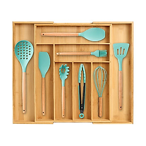TreeLen Bamboo Expandable Drawer Organizer, Adjustable Cutlery Organizer in Drawer, Kitchen Utensil Organizer Silverware Tray for Drawer, Cutlery Tray Utensil Tray, Silverware Holder for Drawer