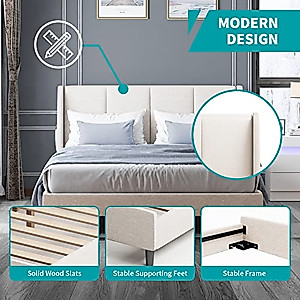 BALUS Wingback King Size Bed Frame, Upholstered Platform Bed Frame with 2 Pockets,Bed Frame with Wooden Slats Support, No Box Spring Needed/Easy Assembly/No Mattress (King, Beige)