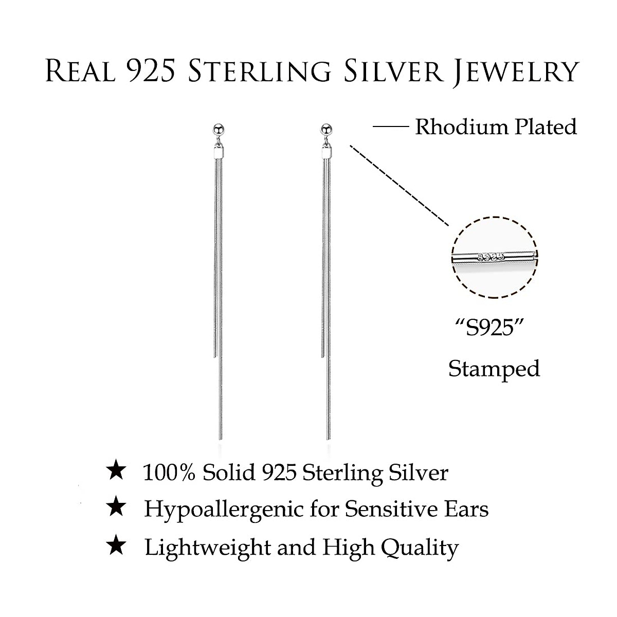 Reffeer Solid 925 Sterling Silver Tassel Chain Dangle Earrings for Women Teens Girls Long Dangle Drop Earrings Minimalist (A-Silver)