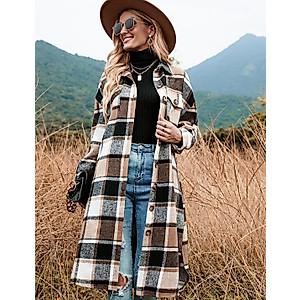 Peaceglad Women's Lounge Lapel Button Up Long Sleeve Plaid Long Shirt Jacket Shacket(Brown,M)