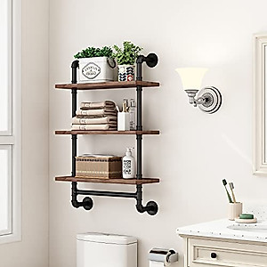 Industrial Bathroom Shelves Rustic Wood Shelves with Towel Bar 24" Farmhouse Shelf for Wall Pipe Shelving-3 Layer