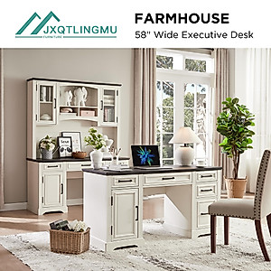 JXQTLINGMU 58" Executive Desk, Farmhouse Computer Desk with Drawers and Cabinet, Embossed Texture Home Office Desk, Workspace for Work Study Writing, Off White