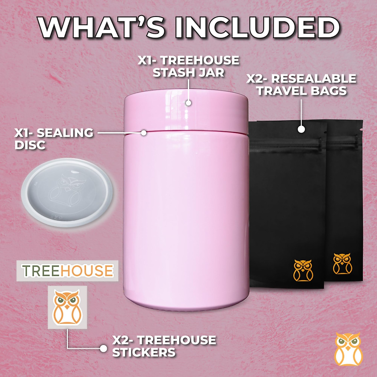 Stash Jar Smell Proof Container (500mL) for Herbs, Spices, Coffee, Teas & More, Double Sealed Air Tight Jar, Thick UV Protection Glass, Smell Proof Herb Storage, x2 Resealable Smell Proof Bags (Pink)