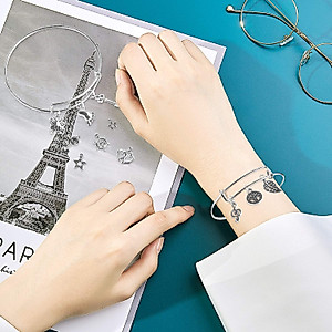 UPINS 30Pcs Silver Expandable Blank Bracelets Adjustable Wire Bangles with 100Pcs Tibetan Silver Charms, 200Pcs Open Jump Rings for Jewelry Making (Silver)