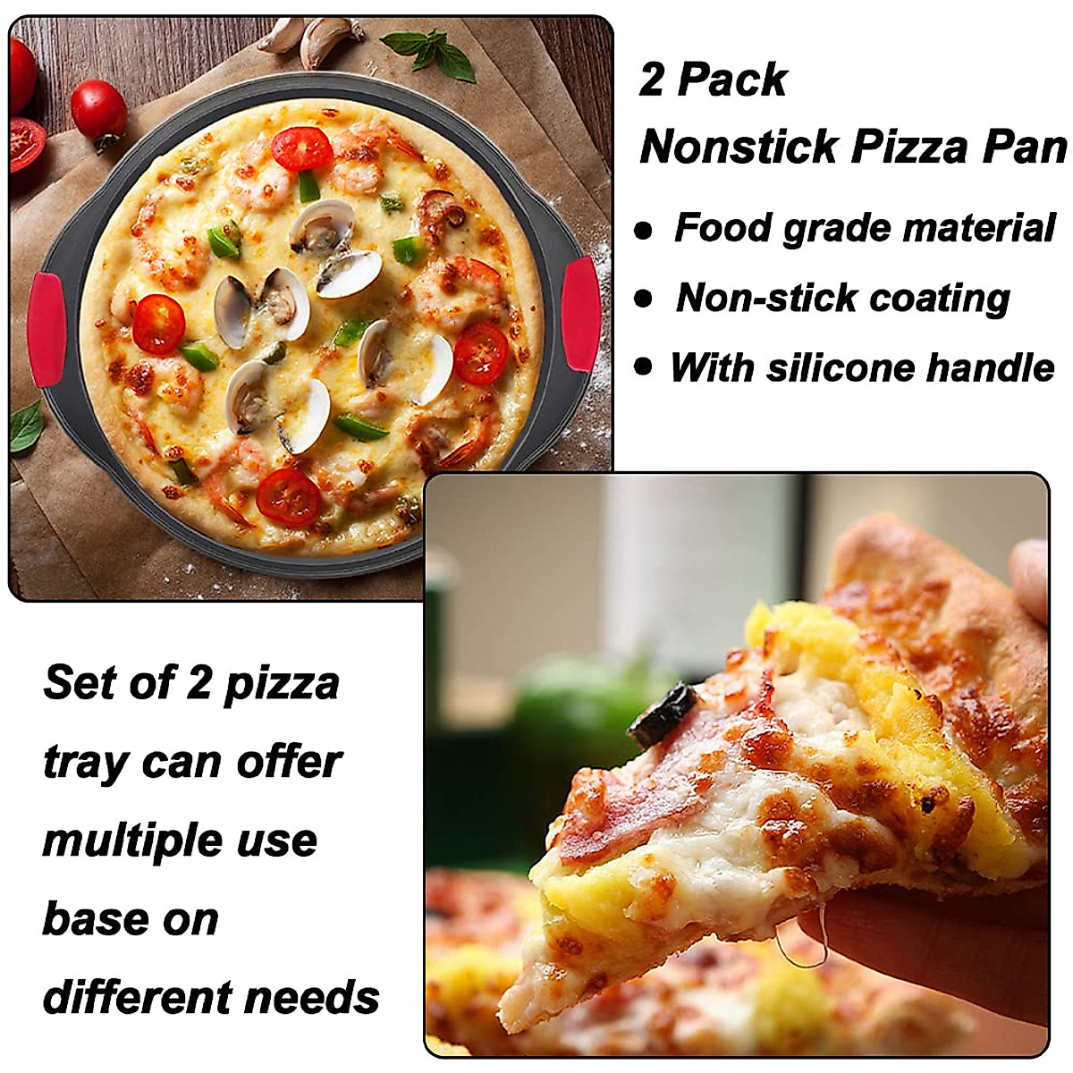 VDGPWA 12 Inch Non-Stick Pizza Tray-With Silicone Handle,Carbon Steel Without Hole and With Hole Pizza Tray,Round Pizza Bakeware Crisper Pan for Home Baking,Kitchen,Restaurant Oven (2 Pack)
