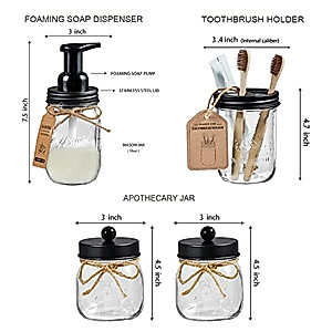 Mason Jar Bathroom Accessories Set(6PCS) - Foaming Soap Dispenser,Toothbrush Holder,Qtip Holder,Apothecary Jars, Soap Dish,Metal Wire Storage Organizer - Rustic Farmhouse Decor (Black)
