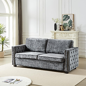 SmartEdge Pull Out Sofa Bed, 2-in-1 Convertible Full Sleeper Sofa Couch with Memory Foam Mattress, Chenille Upholstered Loveseat 3 Seater Full Sofabed Couches for Living Room, Apartment, Grey