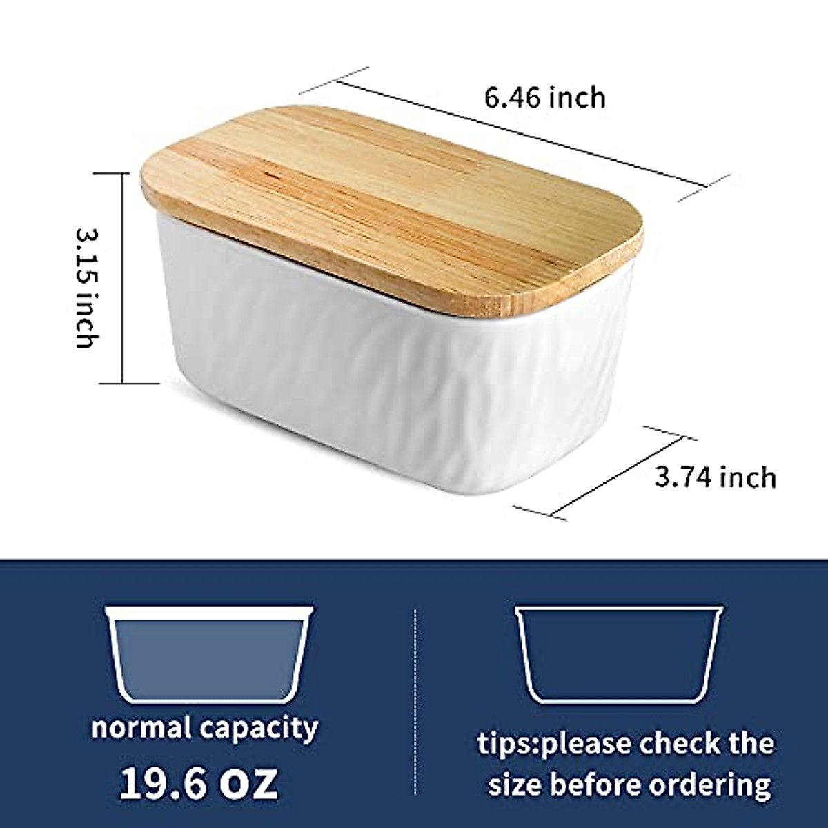KOOV Porcelain Large Butter Dish with Lid for Countertop, Airtight Butter Container with Oak Lid, Butter Crock, Perfect for 2 Sticks of Butter, Texture Series (White)