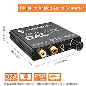 J-Tech Digital Digital to Analog Audio Converter with Headphone Amplifier & Bass, Volume Control | 192kHz 24bit Optical Coaxial RCA 3.5mm [JTECH-D2A3]