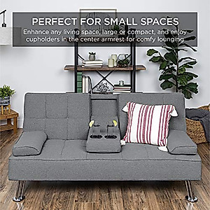 Best Choice Products Linen Upholstered Modern Convertible Folding Futon Sofa Bed for Compact Living Space, Apartment, Dorm, Bonus Room w/Removable Armrests, Metal Legs, 2 Cupholders - Gray