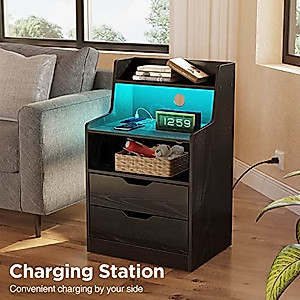 Rolanstar Nightstand with Charging Station and LED Lights, 2 AC and USB Power Outlets, Night Stand with 2 Drawers and Storage Shelves, Bedside Table for Bedroom - Black