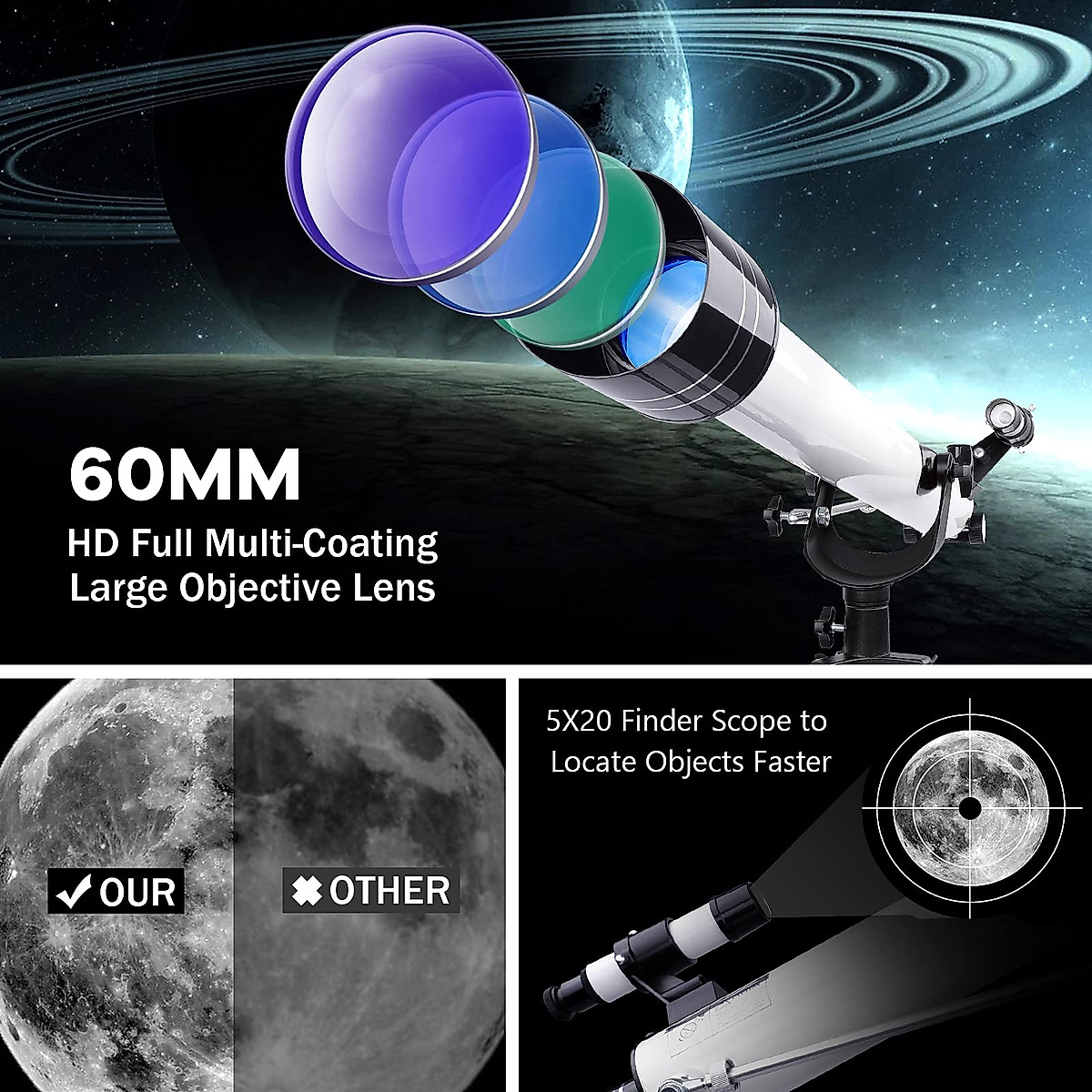 Telescopes for Adults Astronomy, 60mm Aperture 900mm Refractor Telescope for Astronomy Beginners Adults, with Tripod, Wire Shutter, Phone Adapter