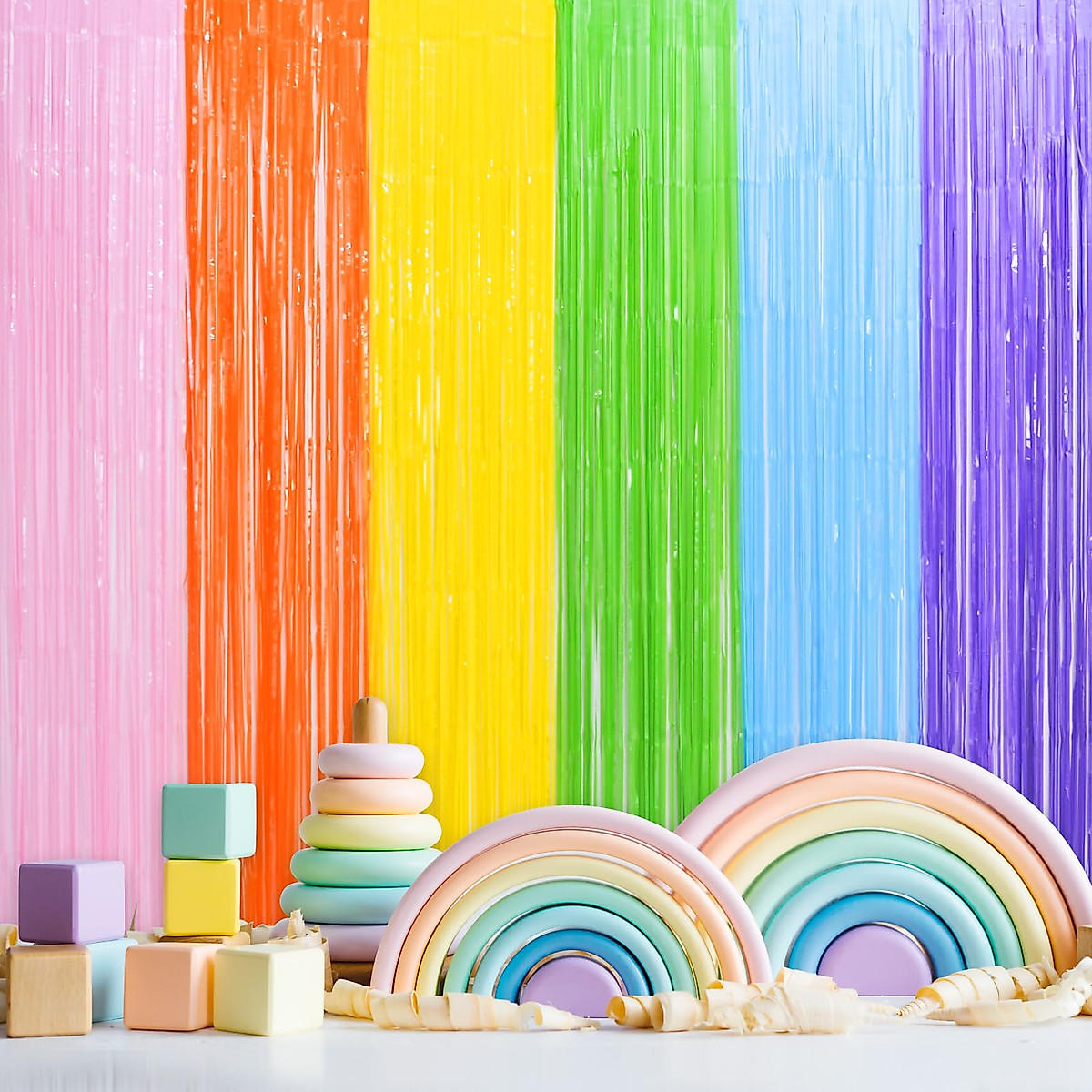 LOLStar Candyland Party Decorations, 2 Pack 3.3x6.6ft Pastel Rainbow Foil Fringe Curtains, Tinsel Curtains Photo Booth Prop Streamer Pastel Backdrop for Cocomelon Home Decor Easter Bunny Decorations