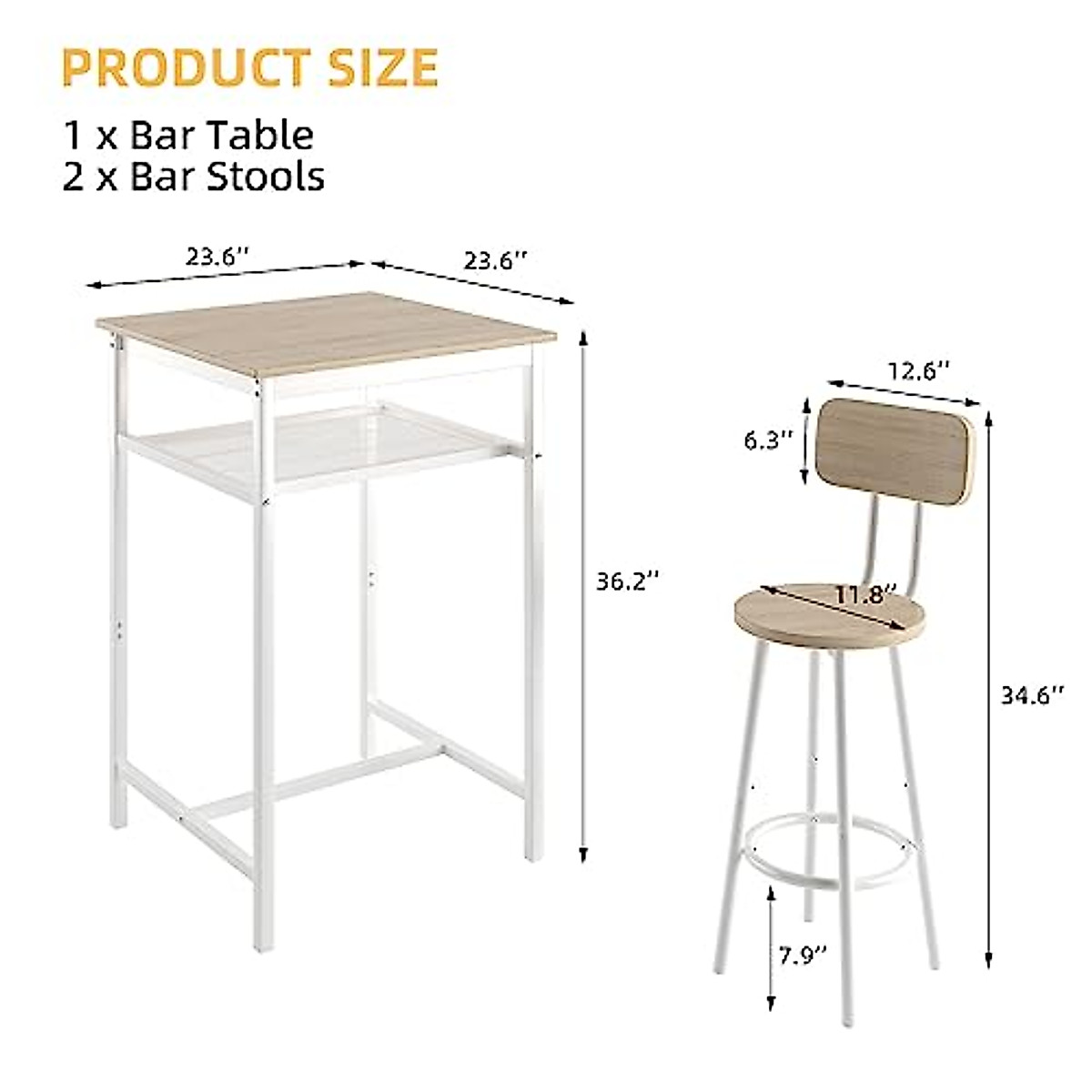 YOFE Bar Table Set for 2, Pub Table High Top Table,3 Pieces Pub Dining Table Set,Square Bar Table with Stools for Kitchen, Apartment, Small Space (White, Square)