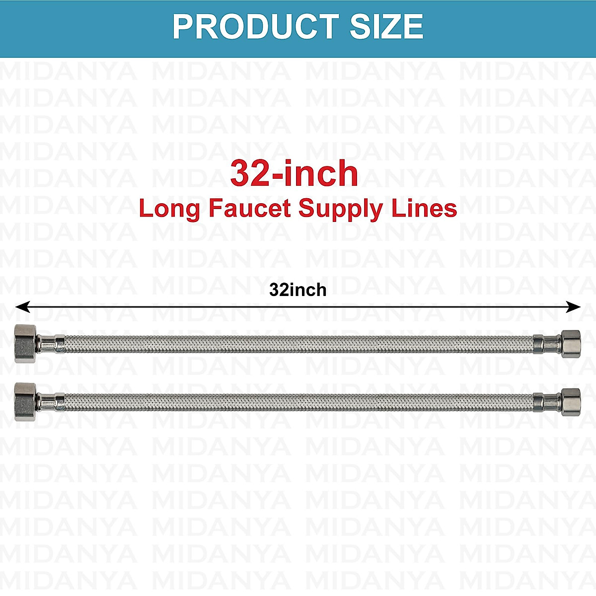 Midanya Faucet Supply Lines,32" Stainless Steel Braided Water Supply Line, 1/2" FIP x 3/8" COMP Faucet Hose, Faucet Hose Connector x 2 Pcs (1 Pair)