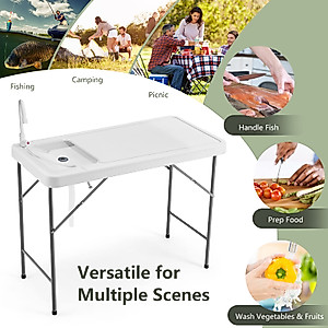 Goplus Folding Fish Cleaning Table with Sink and Faucet, Heavy Duty Fillet Table with Hose Hook Up, Portable Outdoor Camping Sink Station, Hunting Cutting Table for Dock Beach Patio Picnic