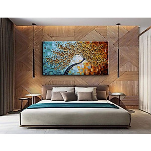 Tyed Art-24x48 Inch Golden Flower Paintings 3D Abstract Paintings Oil Hand Painting On Canvas Wood Inside Framed Ready to Hang Wall Decoration for Living Room Bed Room